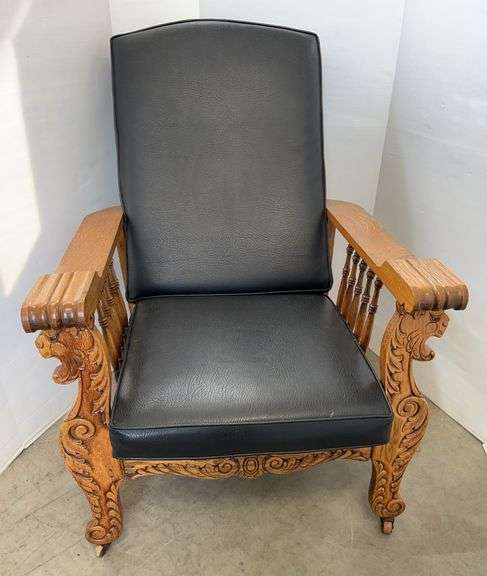 Golden Oak Morris chair with lions heads, seat- 21"W x 18"H, very good ...