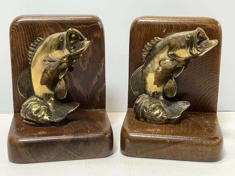 (2) Brass/wood bass fish bookends, 5 1/2"W x 7 1/2"H, like new ...