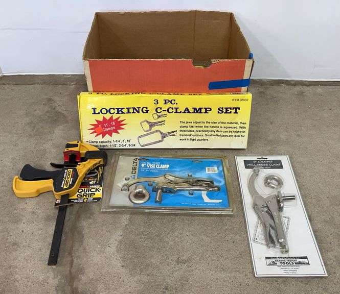 Assorted clamps, includes: C-clamps, bar clamp, drill clamp, and vise ...