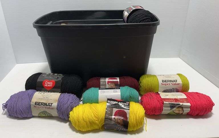 (30) Rolls of yarn in a black storage bin, brands include: Red Heart ...