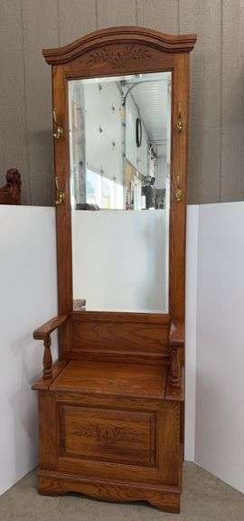 Oak hall tree with a seat and storage underneath, 24"W x 14 1/2"D x 78 ...