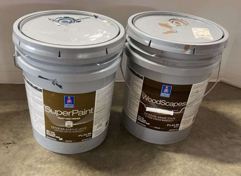 Exterior paint, includes: 5-Gallons of grayish blue, and 5-Gallons of a ...