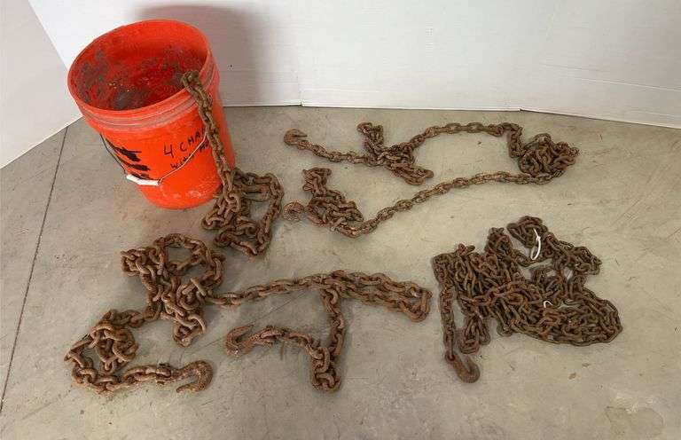 (4) Heavy duty chains with hooks in bucket, includes: Three- 14', and ...