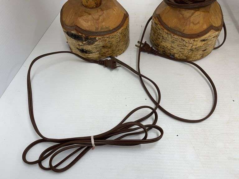 Handmade older lamps, includes: (2) Birch log lamps, 20"H; (1) Wooden ...
