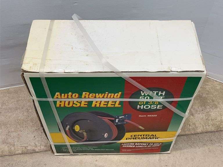 Central Pneumatic auto rewind hose reel, holds 50' of 3/8" hose ...