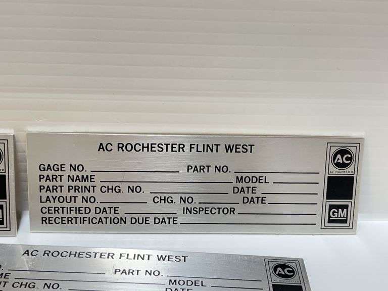 (6) GM/AC Rochester aluminum machinery tags, 5 3/4" x 1 3/4", new ...