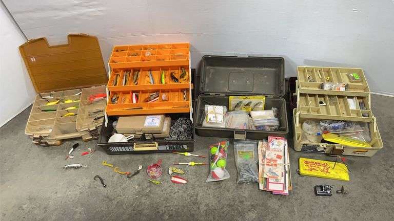 (5) Tackle boxes filled with various fishing related items, boxes up to ...
