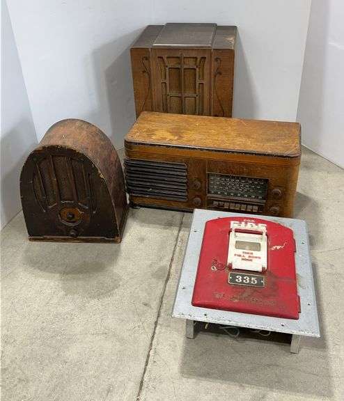 (3) Older radios, up to 20"H; Fire alarm box, all untested, as is ...