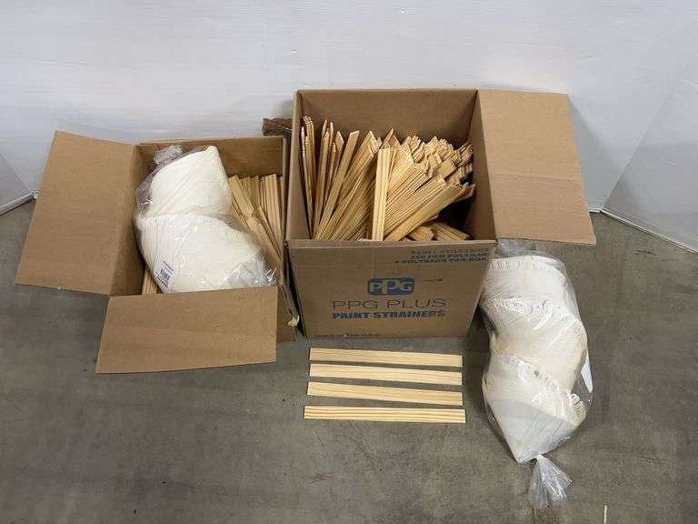 (2) Large boxes of paint mix sticks; PPG paint filters, new - Albrecht ...