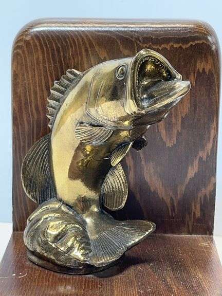 (2) Brass/wood bass fish bookends, 5 1/2"W x 7 1/2"H, like new ...