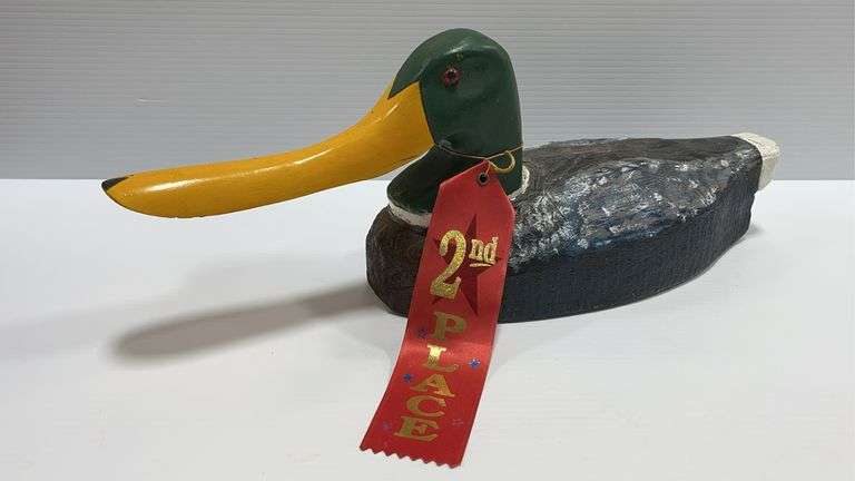 Mallard Duck Decoy with a long yellow bill, hand carved and hand ...