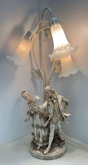 Victorian man and woman metal lamp with three Goofus glass flutes ...