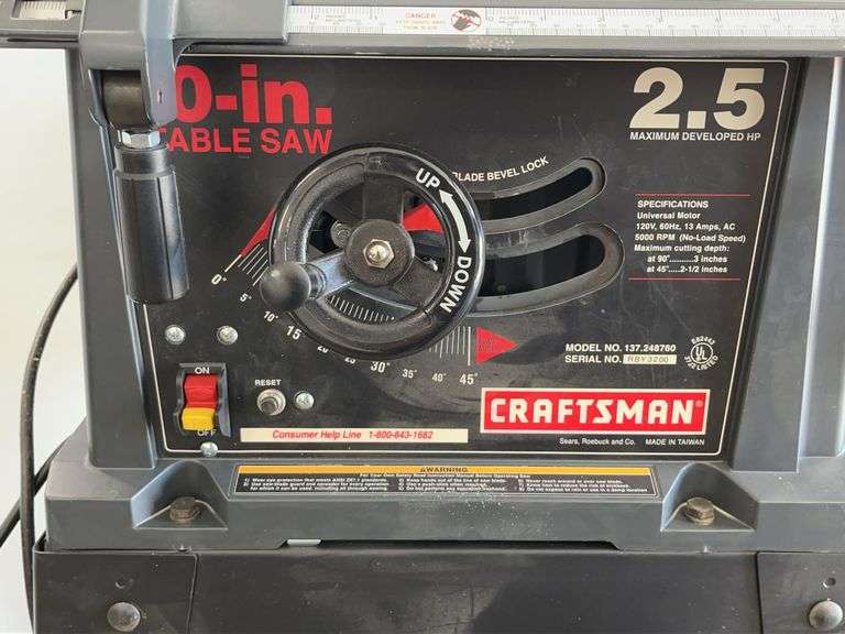 Craftsman compact table saw, 10" blade, 2.5 HP, 5000 RPM, complete ...