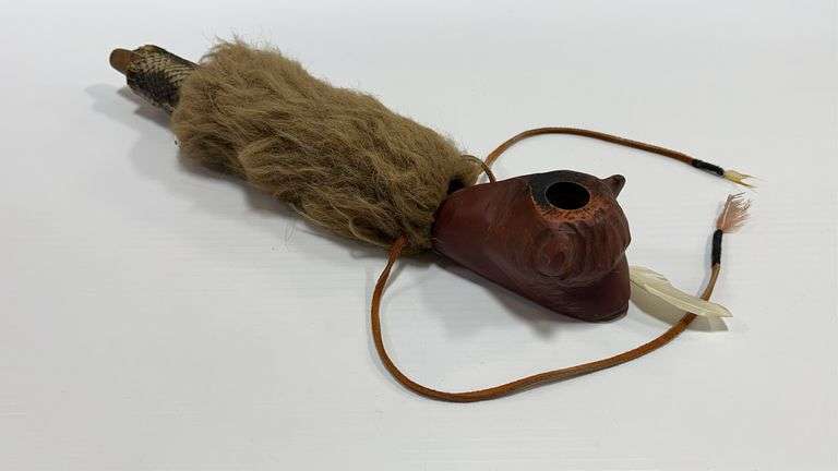 Peace pipe with clay bison head, snake skin wrapped pipe stem, fur ...