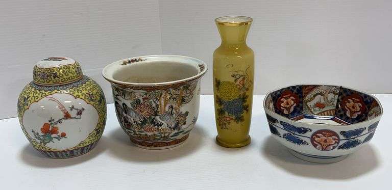 Various glassware, includes: Paque hand blown and painted floral vase ...