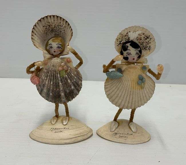 Pair of handmade seashell dolls, intricate faces, the artist signed it ...