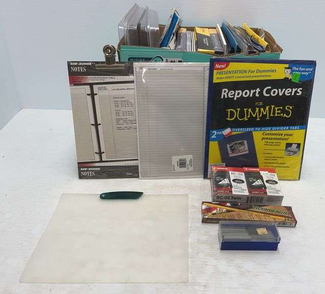 Large box of office supplies, many new packages of Officemax photo ...