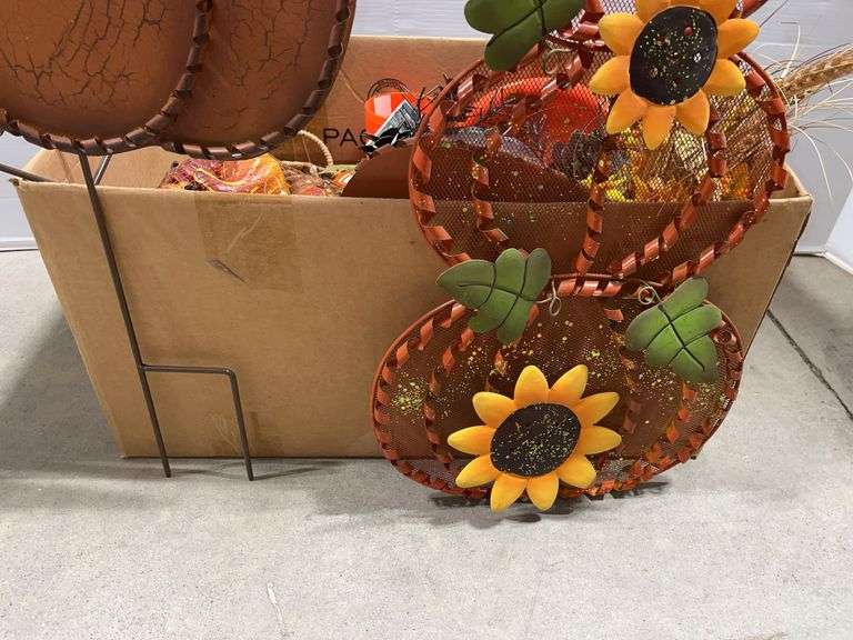 Fall deco items, includes: floral centerpieces, accent pumpkins, wicker ...