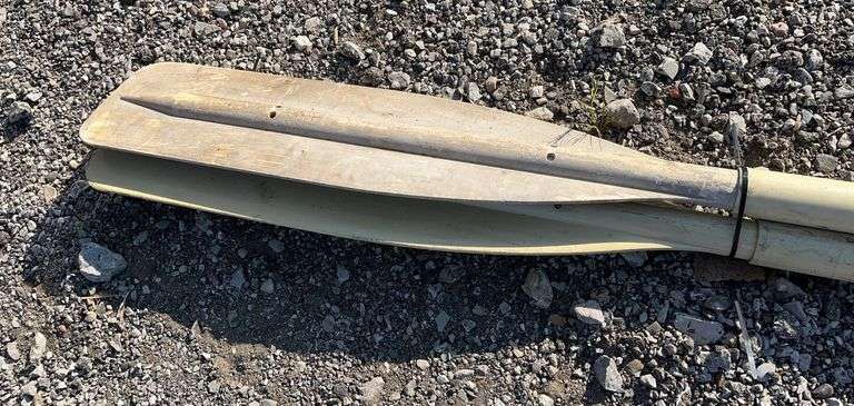 (2) Older boat oars with oar locks, Feather/Caviness, 78"L, good ...