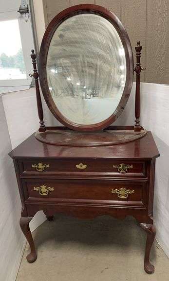 Bassett dresser with mirror, Queen Anne style, 36"W x 19"D x 69"H, good ...