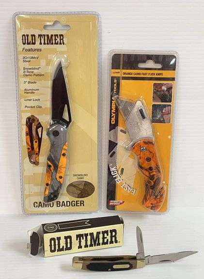 (2) Old Timer Knives, Up to 3" Blade; Olympia Tools Orange Camo Utility ...