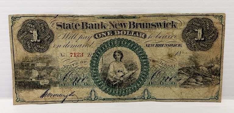 1860 "Genuine" $1 bank note, Civil War era bill, New Brunswick State ...