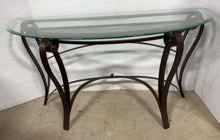 Entryway table with metal base and half-round glass top, 52"W x 20"D x ...