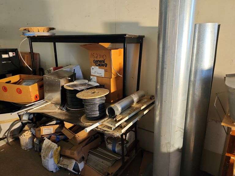 2 Tables and Contents Wire, Tile, Stove Pipe, Cabinet and Blower ...