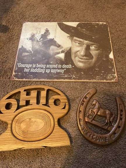 John Wayne metal wall plaque - metal horseshoe - hand carved wooden ...