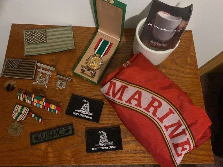 USMC collection of medals, patches, mug and Marine Corps flag - Auction ...