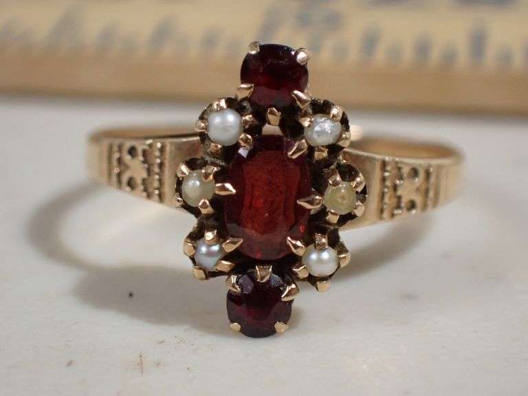 Antique 10k Yellow Gold Ring Rose Cut Garnets & Natural Pearls (Sz 6.5 ...