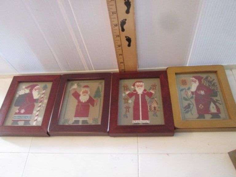 4 Folk Art Framed Cross Stitch Santas Each 6"x5" - Auction Ohio
