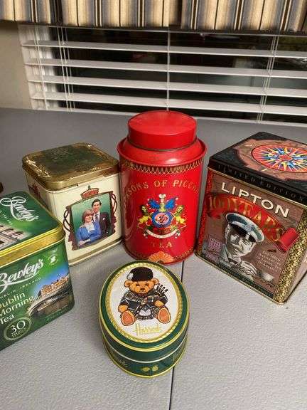 Collection of metal tins with lids - Harrods, Lipton, Charles and Diana ...