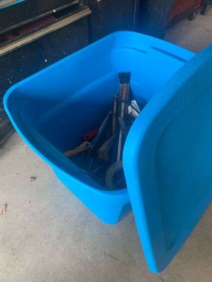Blue plastic storage tub with miscellaneous tools and parts - Auction Ohio