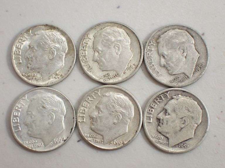 SIX Roosevelt Dimes 1964 (3) 1958 1963 1951 Silver US Coins - Auction Ohio