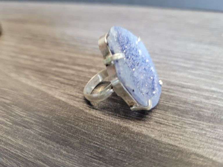 Ring Larger Setting of Blue Geo Stone set in Silver-Tone Band and Frame ...