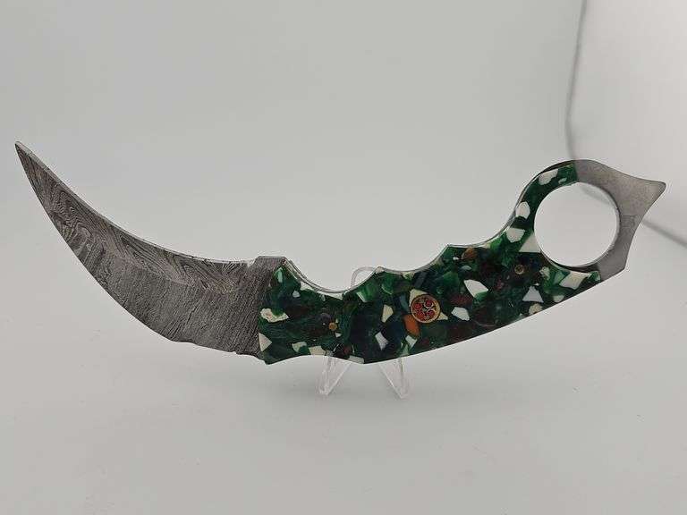 Damascus Karambit Full Tang Knife w/ Leather Sheath - Auction Ohio