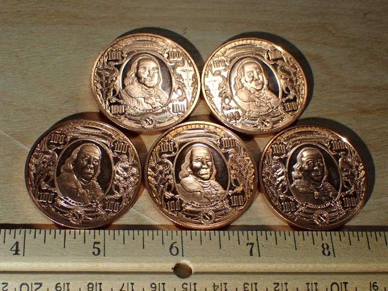 FIVE One Ounce .999 Copper Benjamin Franklin One Hundred Dollar Bullion ...
