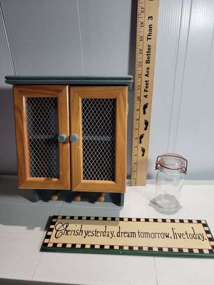 Mini Cupboard, Canning Jar and Wooden Sign - Auction Ohio