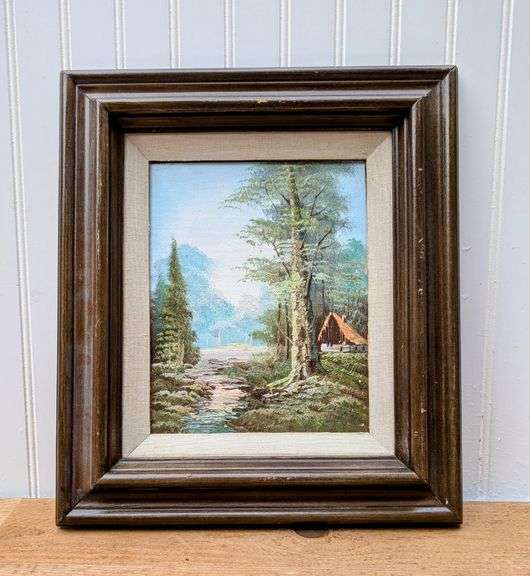 MCM Oil Landscape Painting with Cabin - Auction Ohio