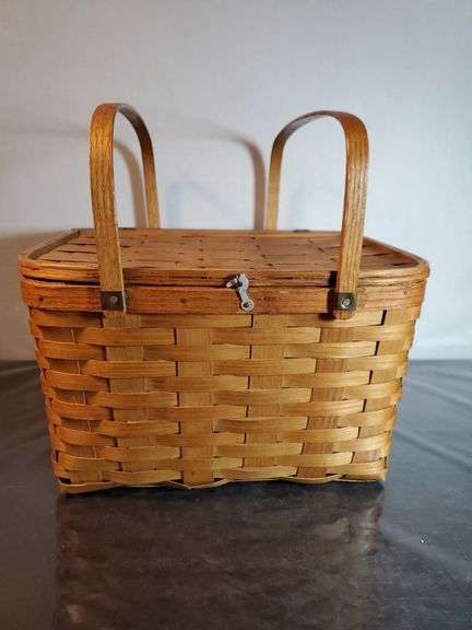 Picnic Basket - West Rindge Basket with Wooden Rack inside. - Auction Ohio