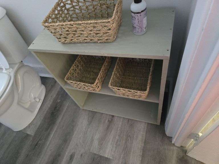 Wooden shelf and wicker baskets - Auction Ohio