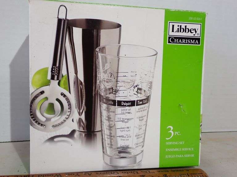 Libby Charisma 3pc Serving Drink Set - Glass - Stainless cup & Stainless Strainer - Looks new in ...