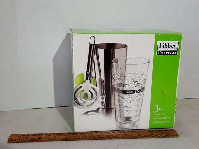 Libby Charisma 3pc Serving Drink Set - Glass - Stainless cup & Stainless Strainer - Looks new in ...