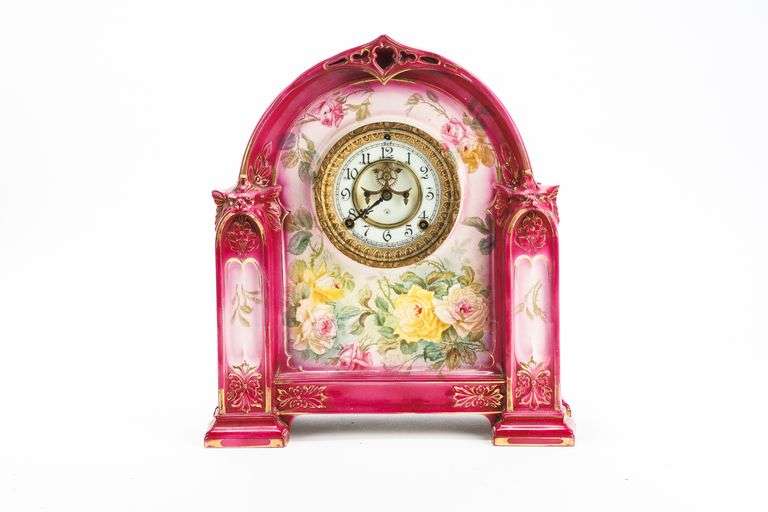 Antique Ansonia Pink Mantel Clock- Uranium Oxide Face Glows!Wow ...