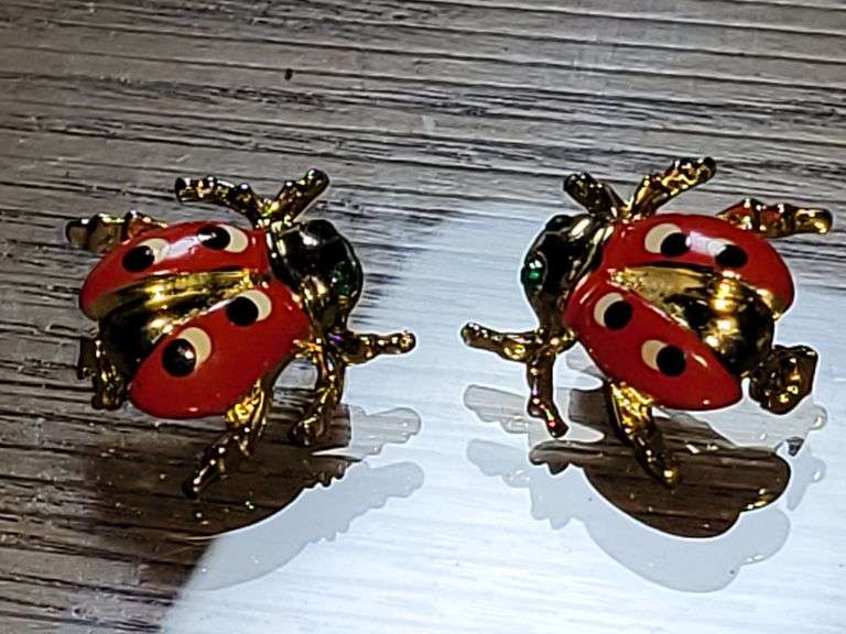 Two Lady Bugs Pins/Brooches with Green Rhinestones Eyes in a Gold Tone ...