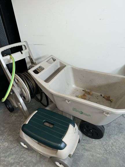 Plastic garden cart, hose wheel and wheel burrow - Auction Ohio