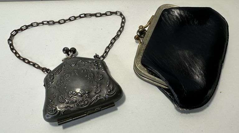 Vintage Leather Coin Purse & Metal Coin Holder Purse on Chain - Auction ...