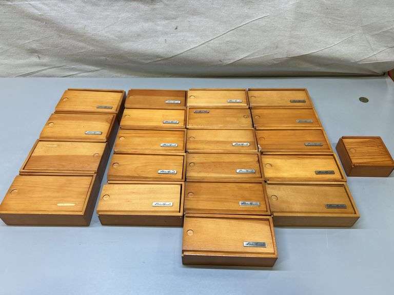 Set of 18 Eddie Bauer Wooden Watch Boxes with Sliding Lids - Auction Ohio