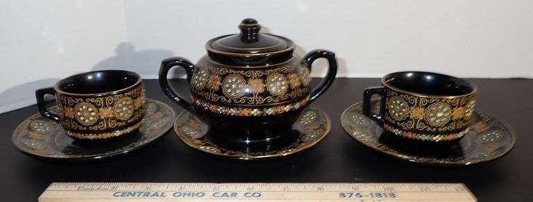 7pc Antique Hand Painted Redware - Auction Ohio